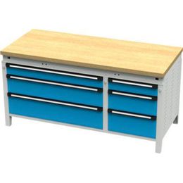Otto Kind Breitfachwerkbank Typ 430, Buche Multiplexplatte, b&uuml;ndig, bis 1400 kg, B 1697 x T 750 x H 850 mm, Stahl, Zentralverschluss, lichtgrau/lichtblau