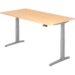 Schreibtisch TOPAS LINE, elektrisch h&ouml;henverstellbar, C-Fu&szlig;, B 2000 x T 1000 x H 650-1300 mm, Ahorn/wei&szlig;aluminium + Memoryschalter, Kabelkanal