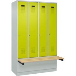 Kleiderspind C+P Evolo Plus, 4 Abteile &agrave; 300 mm Breite, Sockel, schwebende Sitzbank, B 1200 x T 815 x H 1950 mm, Zylinder, lichtgrau/clowngr&uuml;n