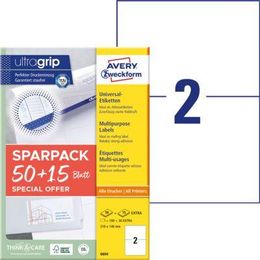 Avery Zweckform Etiketten 6604, universal, ultragrip, geeignet f&uuml;r Inkjet- & Laserdrucker, 210 x 148 mm, 130 St&uuml;ck/65 A4-Bogen, FSC&reg;-Papier, wei&szlig;