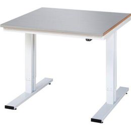 Rau Werktisch Adlatus, elektrisch h&ouml;henverstellbar, 25 mm MDF-Platte mit Edelstahlbelag, bis 300 kg, B 1000 x T 1000 x H 720-1120 mm, silber/lichtgRau