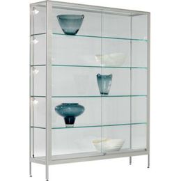 Stand-Pr&auml;sentationsvitrine, 2 Schiebet&uuml;ren, Aluminium-Rahmen, ESG-Verglasung, B 1500 x T 400 x H 1950 mm, silber