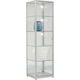 Stand-Pr&auml;sentationsvitrine, Drehfl&uuml;gelt&uuml;r, 4 Fachb&ouml;den, Aluminium-Rahmen, ESG-Verglasung, B 500 x T 500 x H 1800 mm, silber