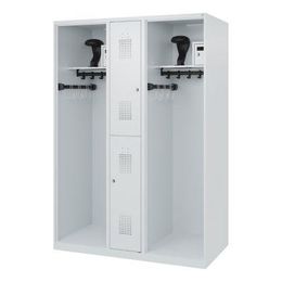 Feuerwehrspind C+P Evolo Maxi, 4 Abteile f&uuml;r 2 Personen, mit Helmhalter, Bodengleiter, B 1300 x T 600 x H 1850 mm, RAL 7035 Lichtgrau