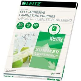 Laminierfolien Leitz iLAM, A4 Hoch-& Querformat, St&auml;rke 80 &micro;m, selbstklebende R&uuml;ckseite, wiederabl&ouml;sbar, L 216 x B 303 mm, PET, farblos, 100 St&uuml;ck