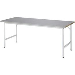 Rau Arbeitstisch Jerry, manuell h&ouml;henverstellbar, 25 mm MDF-Platte mit Edelstahlbelag, bis 300 kg, B 2000 x T 800 x H 800-850 mm, silber/lichtgRau