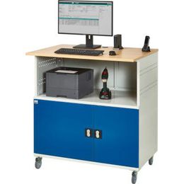 Rau Computer-Station Typ 1023, Arbeitsplatte, Unterschrank, bis 200 kg, B 1100 x T 790 x H 1180 mm, Stahl/Holz, mobil