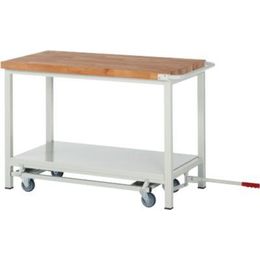 Rau Werkbank Serie 8000, fahrbar, absenkbar, Ablageboden, B 1250 x T 700 x H 880 mm