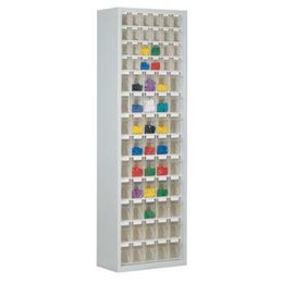 Magazinschrank, Volumen 333 l, 69 herausnehmbare Klappk&auml;sten mit Griffmulde, B 665 x T 250 x H 2000 mm, lichtgrau/transparent