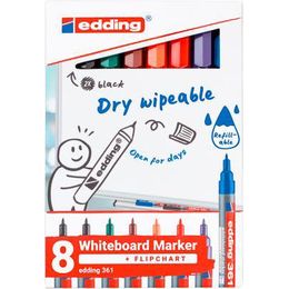 Whiteboardmarker Edding 361, Rundspitze, Strichst&auml;rke 1 mm, trocken abwischbar, mit Kappe und Clip, nachf&uuml;llbar, farbsortiertes 8er-Set
