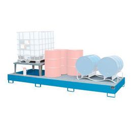 Auffangwanne Bauer AWA 31, Stahl, blau, L 3850 x B 1460 x H 780 mm, 1000 l, f&uuml;r 3 x 1000 l IBC, 1 Abf&uuml;llaufsatz, 2 Gitteroste