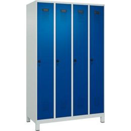 Kleiderspind C+P Evolo Plus, 4 Abteile, 300 mm Abteilbreite, mit F&uuml;&szlig;en, Anschlag rechts, Drehriegel, B 1200 x T 500 x H 1950 mm, lichtgrau/enzianblau