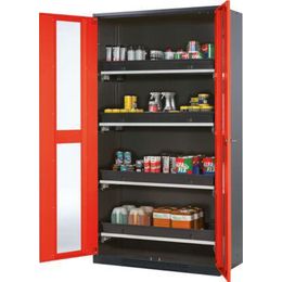 Chemikalienschrank ASECOS CS-CLASSIC-G, Fl&uuml;gelt&uuml;r m. Glasauschnitt, 4 Auszugswannen, 1055x520x1950 mm, verkehrsrot