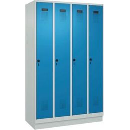 Kleiderspind C+P Evolo Plus, 4 Abteile, 300 mm Abteilbreite, mit Sockel, Anschlag rechts, B 1200 x T 500 x H 1950 mm, Drehriegel, lichtgrau/lichtblau