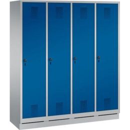 Garderobenspind Evolo S 3000, Stahl, m. Sockel, 4 Abteile m. jew. B 400 mm, Sicherheitsdrehriegelverschluss, wei&szlig;aluminium RAL 9006/enzianblau RAL 5010