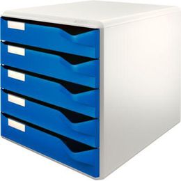 Leitz&reg; Schubladenbox, 5 Sch&uuml;be, DIN A4, Polystyrol, lichtgrau/blau