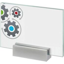 moedel MONACO T&uuml;rschild, DIN A6, ESG-Glasscheiben, Aluminiumadapter, individuell beschriftbar, alusilber, Schraub-/Klebemontage, B 148 x H 105 mm