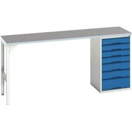 Unterbauwerkbank Bott verso, Linoleum-Platte, 7 Schubladen, B 2000 x T 600 x H 930 mm, Lichtgrau / Enzianblau