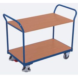 Sch&auml;fer Shop Tischwagen, Stahl/MDF-Platte, Enzianblau/Buche-Dekor, 2 Etagen, L 1000 x B 600 mm, TPE-Rollen mit EasySTOP, bis 200 kg