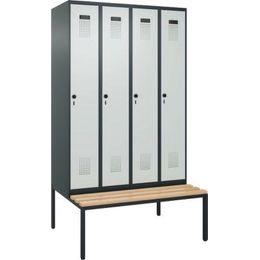 Kleiderspind C+P Evolo Plus, 4 Abteile, 300 mm Abteilbreite, mit untergebauter Sitzbank, B 1200 x T 815 x H 2120 mm, Drehriegel, anthrazitgrau/lichtgrau