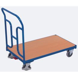 Sch&auml;fer Shop Schiebeb&uuml;gelwagen, Stahl/MDF-Platte, Enzianblau/Buche-Dekor, L 1030 x B 600 mm, mit gebogenen Rohren, TPE-Rollen mit EasySTOP, bis 250 kg