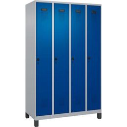 Kleiderspind C+P Evolo Plus, 4 Abteile, 300 mm Abteilbreite, mit F&uuml;&szlig;en, Anschlag rechts, Drehriegel, B 1200 x T 500 x H 1950 mm, wei&szlig;aluminium/enzianblau