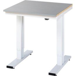 Rau Werktisch Adlatus, elektrisch h&ouml;henverstellbar, 25 mm MDF-Platte mit Edelstahlbelag, bis 300 kg, B 750 x T 800 x H 720-1120 mm, silber/lichtgRau