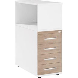 Sch&auml;fer Shop Sch&auml;fer Shop Select Anstellcontainer LOGIN, mit Aufsatzregal, 4 Sch&uuml;be, B 409 x T 800 x H 1120 mm, Holz, abschlie&szlig;bar, wei&szlig;/Eiche