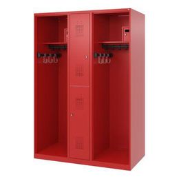 Feuerwehrspind C+P Evolo Maxi, 4 Abteile f&uuml;r 2 Personen, ohne Helmhalter, Bodengleiter, B 1300 x T 600 x H 1850 mm, RAL 3000 Feuerrot