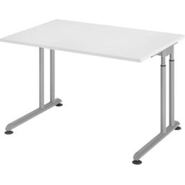 Schreibtisch Breno, manuelle H&ouml;heneinstellung, horizontaler Kabelkanal, B 1200 x T 800 x H 680-820 mm, Spanplatte & Stahl, Wei&szlig;/Silber
