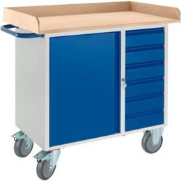 ROLLCART Werkbank mit Schrank, 6 Schubaden, 3-seitiger Holzumrand, 2 Lenkrollen/2 Bockrollen