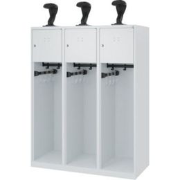 Feuerwehrspind C+P Evolo Youngster, 3 Abteile, mit Helmhalter, Bodengleiter, B 1200 x T 500 x H 1530 mm, RAL 7035 Lichtgrau