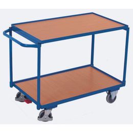 Sch&auml;fer Shop Leichter Tischwagen, Stahl/MDF-Platte, Enzianblau/Buche-Dekor, 2 Etagen, L 985 x B 605 mm, TPE-Rollen mit EasySTOP, bis 250 kg