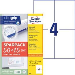 Avery Zweckform Etiketten 6601, universal, ultragrip, geeignet f&uuml;r Inkjet- & Laserdrucker, 105 x 148 mm, 260 St&uuml;ck/65 A4-Bogen, FSC&reg;-Papier, wei&szlig;