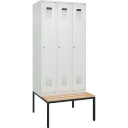 Kleiderspind C+P Evolo Plus, 3 Abteile, 300 mm Abteilbreite, mit untergebauter Sitzbank, B 900 x T 815 x H 2120 mm, Zylinder, lichtgrau/lichtgrau