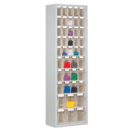 Magazinschrank, Volumen 333 l, 43 herausnehmbare Klappk&auml;sten mit Griffmulde, B 665 x T 250 x H 2000 mm, lichtgrau/transparent