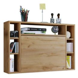 Wandschreibtisch Wandila, ideal f&uuml;r das Home Office, ausklappbare Tischplatte & 7 F&auml;cher, B 900 x T 200/670 x H 600 mm, Holz, Honig-Eiche