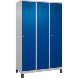 Kleiderspind C+P Evolo Plus, 3 Abteile, 400 mm Abteilbreite, mit F&uuml;&szlig;en, Anschlag rechts, B 1200 x T 500 x H 1950 mm, Zylinder, wei&szlig;aluminium/enzianblau