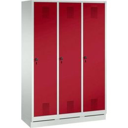 Garderobenspind Evolo S 3000, Stahl, mit Sockel, 3 Abteile mit jeweils B 400 mm, Drehriegel, lichtgrau RAL 7035/rubinrot RAL 3003