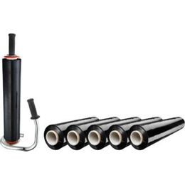 Sparset Handabroller f&uuml;r Stretchfolie + 6 Rollen Stretchfolie, Abroller f&uuml;r Rollen mit B 300-500 mm, Stretchfolie L 300 m x B 500 mm, PE, schwarz
