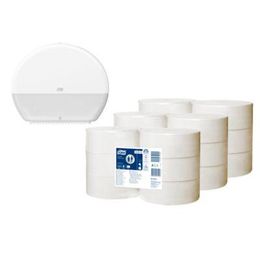 Sparset Tork&reg; Jumbo Advanced Toilettenpapier 120272, 2-lagig, T1-kompatibel, 18 Rollen, wei&szlig; + Toilettenpapierspender Jumbo 554000, wei&szlig;