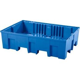 Auffangwanne, f&uuml;r 2 F&auml;sser &agrave; 200 l, unterfahrbar, B 865 x T 1245 x H 350 mm, ohne Gitterrost, Polyethylen, blau