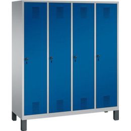 Garderobenspind Evolo S 3000, Stahl, mit F&uuml;&szlig;en, 4 Abteile mit jeweils B 400 mm, Drehriegel, wei&szlig;aluminium RAL 9006/enzianblau RAL 5010
