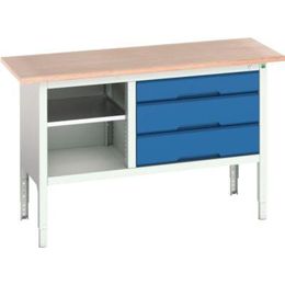 Kastenwerkbank Bott verso, Multiplex-Platte, 3 Schubladen & 1 Ablageboden, B 1500 x T 600 x H 830 - 930 mm, RAL 7035 Lichtgrau / Enzianblau