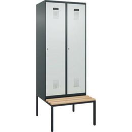 Kleiderspind C+P Evolo Plus, 2 Abteile, 400 mm Abteilbreite, mit untergebauter Sitzbank, B 800 x T 815 x H 2120 mm, Zylinder, anthrazitgrau/lichtgrau