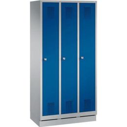 Kleiderspind Evolo S 3000, 3 Abteile, Stahl, Sockelh&ouml;he 100 mm, Zylinderschloss, wei&szlig;aluminium/enzianblau