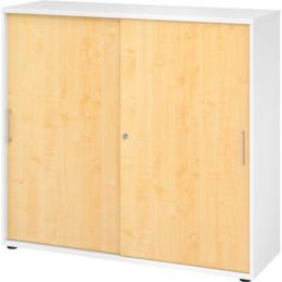 Schiebetürschrank Breno, abschließbar, Spanplatte, melaminharzbeschichtet, B 1200 x T 400 x H 1100 mm, 3 Ordnerhöhen, weiß/Ahorn