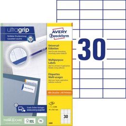 Avery Zweckform Avery&reg; Zweckform Etiketten 3489, A4, universell, permanenthaftend, ultragrip, druckergeeignet, FSC&reg;-Papier, rechteckig, wei&szlig;, 3000 St&uuml;ck auf 100 Bogen