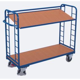 Etagenwagen, Stahl/MDF-Platte, Enzianblau/Buche-Dekor, 2 Etagen, 1650 x 650 mm, Stirnwände mit Rundstahlverstrebung, EasySTOP, bis 400 kg