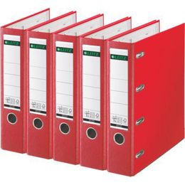 Leitz&reg; Doppelordner 1012, 2 x A5, R&uuml;ckenbreite 75 mm, Pr&auml;zisions-Hebelmechanik, Sichttasche f&uuml;r R&uuml;ckenschild, Griffloch, Polypropylen, rot, 5 St&uuml;ck